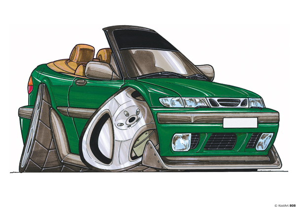 Saab 900 Cabriolet Verte - Caricature Auto Moto